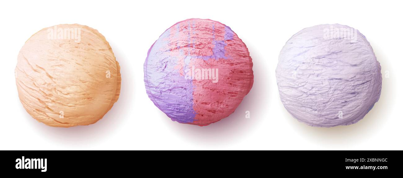 Ice cream scoop ball top view. Beige, violet and two color purple and ...