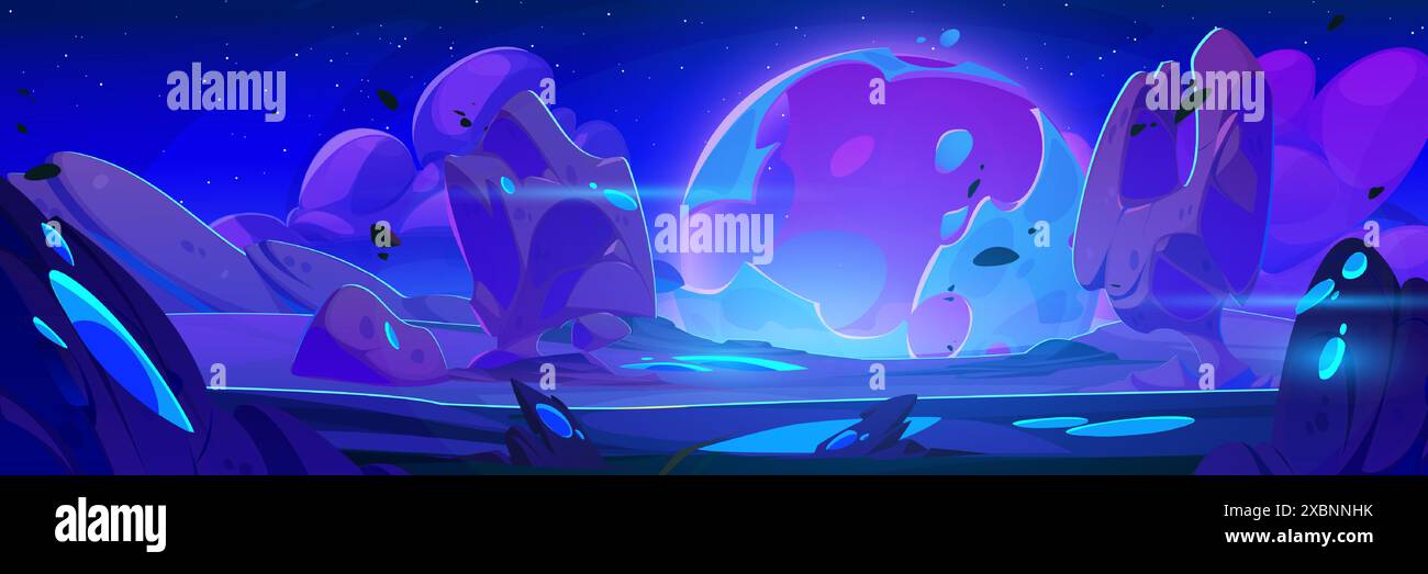 Purple alien planet surface with rocks and mountains, blue neon glow ...