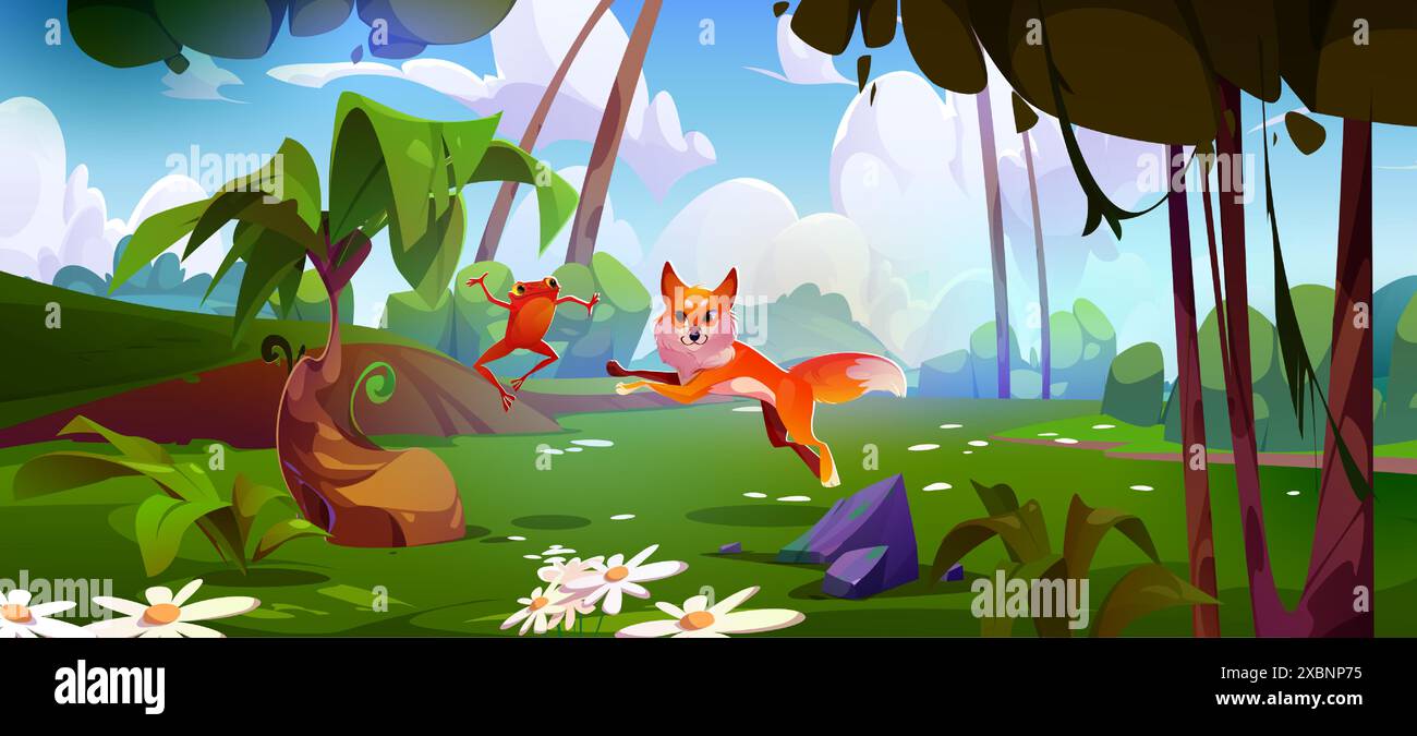 Cute orange furry fox and red frog with smiling face happy jumping ...