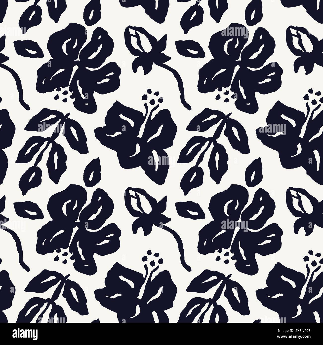 Monochrome black and white brush strokes inky flowers seamless pattern ...