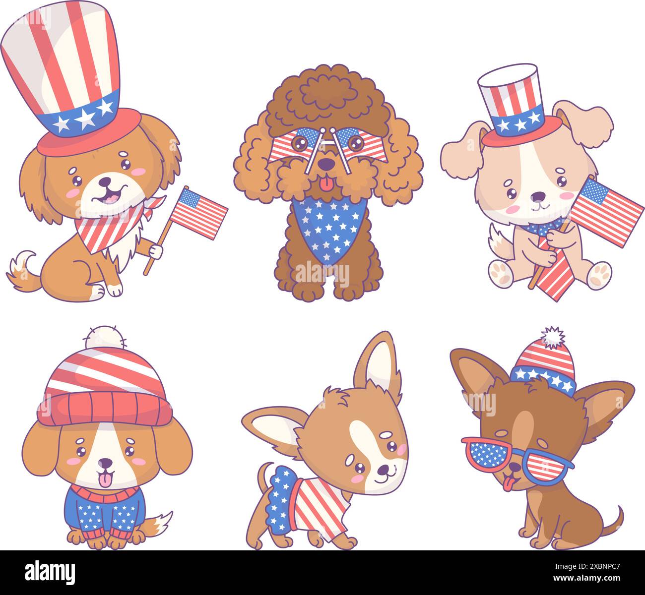 Independence Day. Cute festive patriotic dogs in clothes, accessories ...
