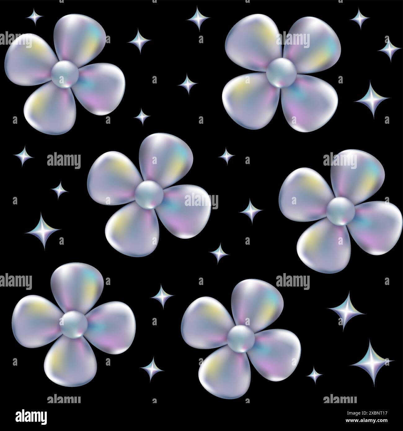 3d holographic retro 90 seamless pattern. Chrome Daisy flowers and ...