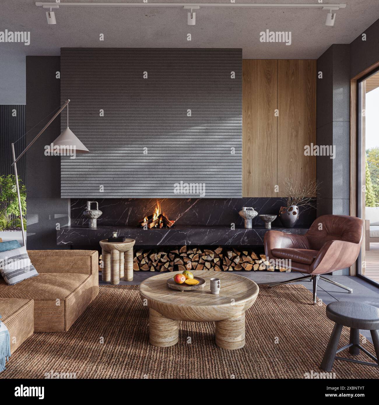 Modern living room interior with concrete walls and fireplace. Modern ...