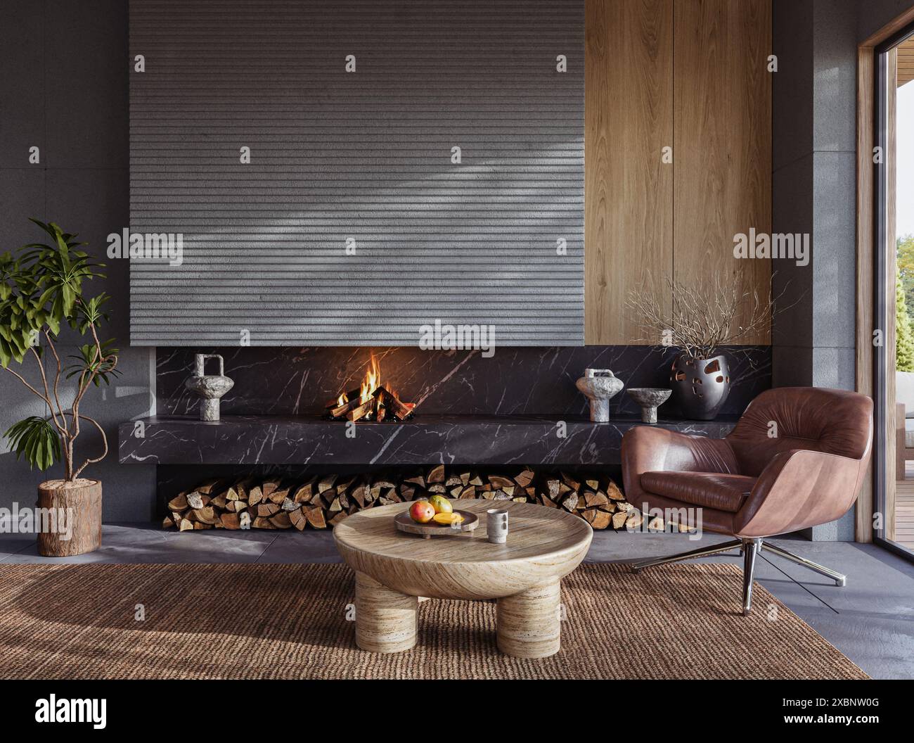 Modern living room interior with concrete walls and fireplace. Modern ...