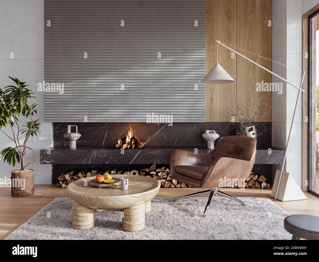 Modern living room interior with concrete walls and fireplace. Modern ...