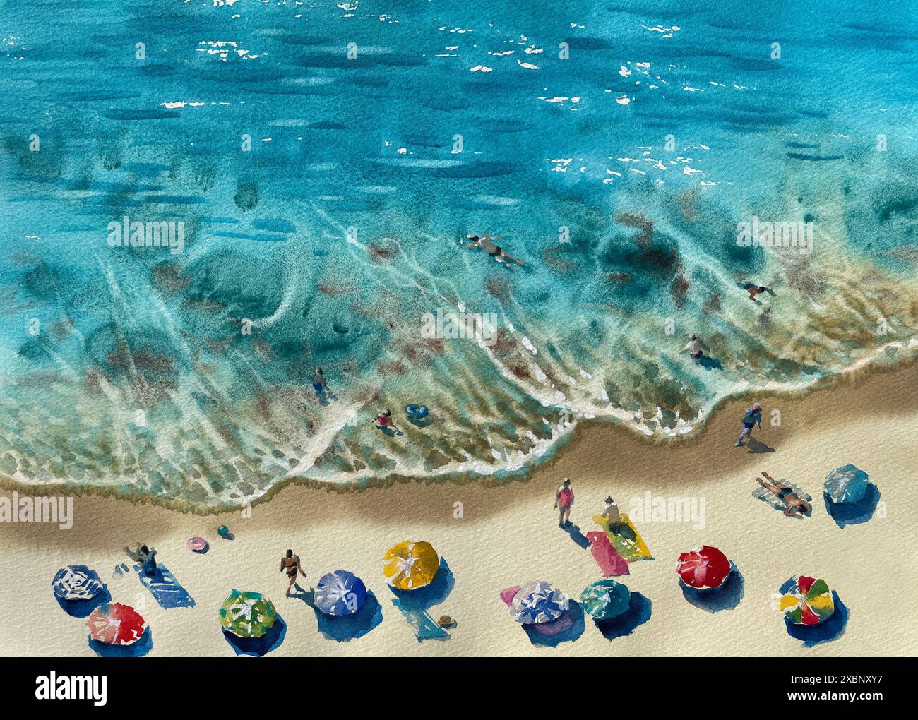 A sea beach panorama with a plage watercolor background Stock Photo - Alamy