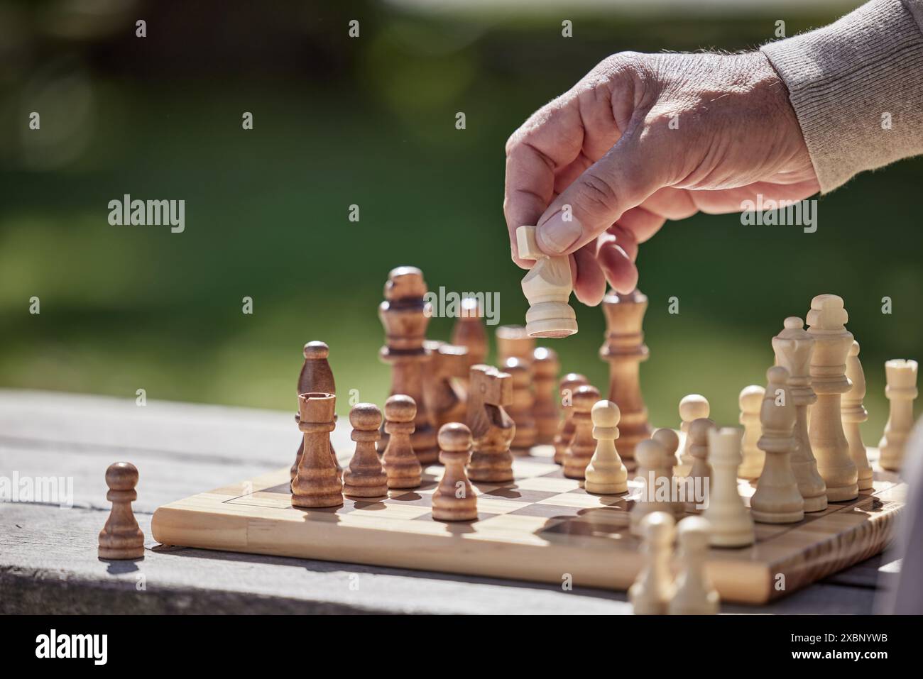Hands, man and playing chess game in outdoor with strategy planning ...