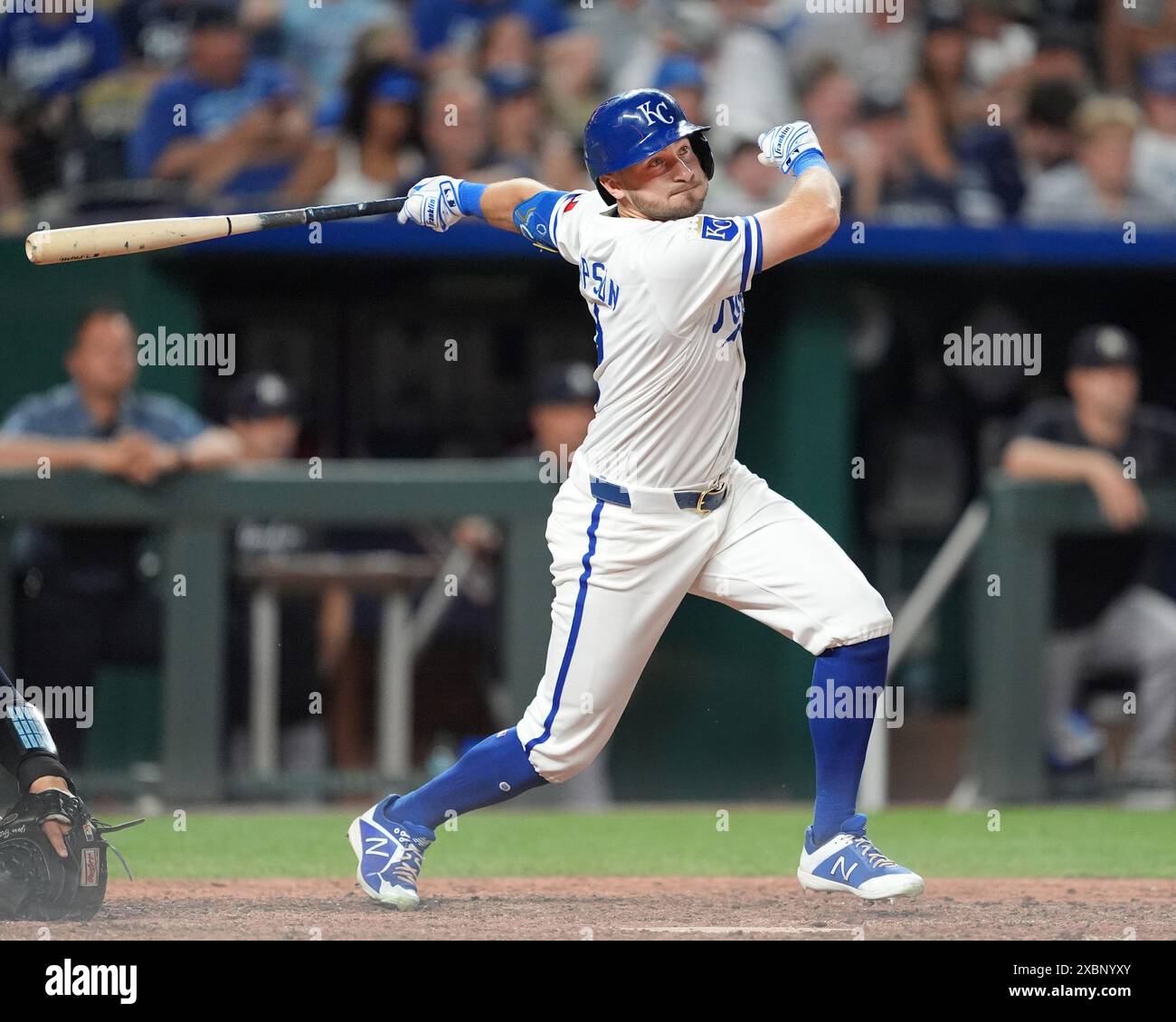 Jun 12, 2024: Kansas City Royals outfielder Garrett Hampson (2) watches a drive to right field ...