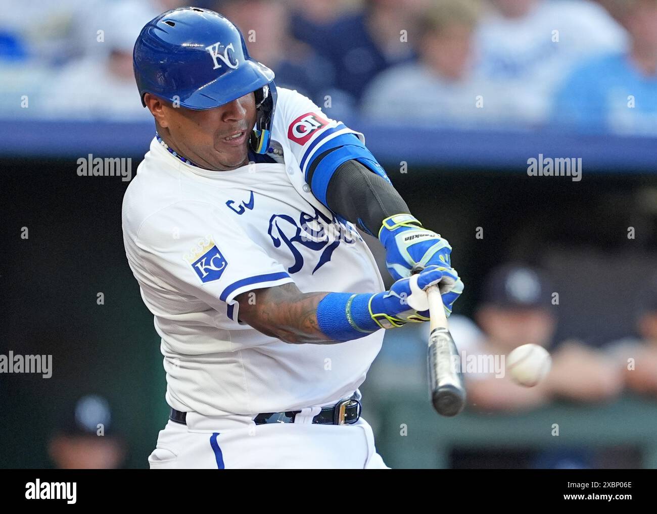 Jun 12, 2024: Kansas City Royals catcher Salvador Perez (13) drives the ...