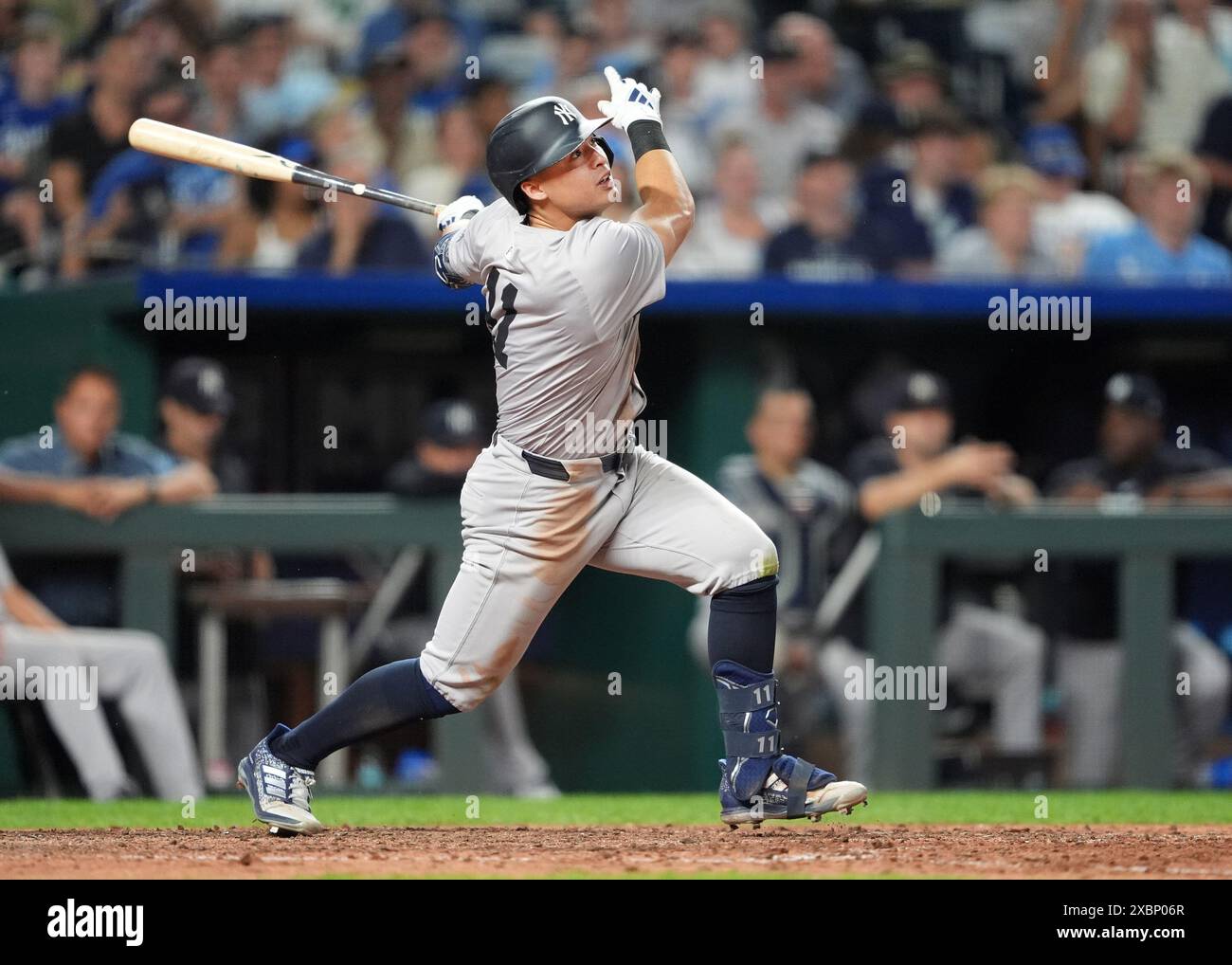 Jun 12, 2024: New York Yankees shortstop Anthony Volpe (11) watches a drive to right field at ...