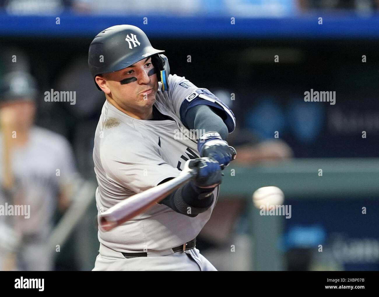 Jun 12, 2024: New York Yankees catcher Jose Trevino (39) drives a pitch at Kauffman Stadium ...