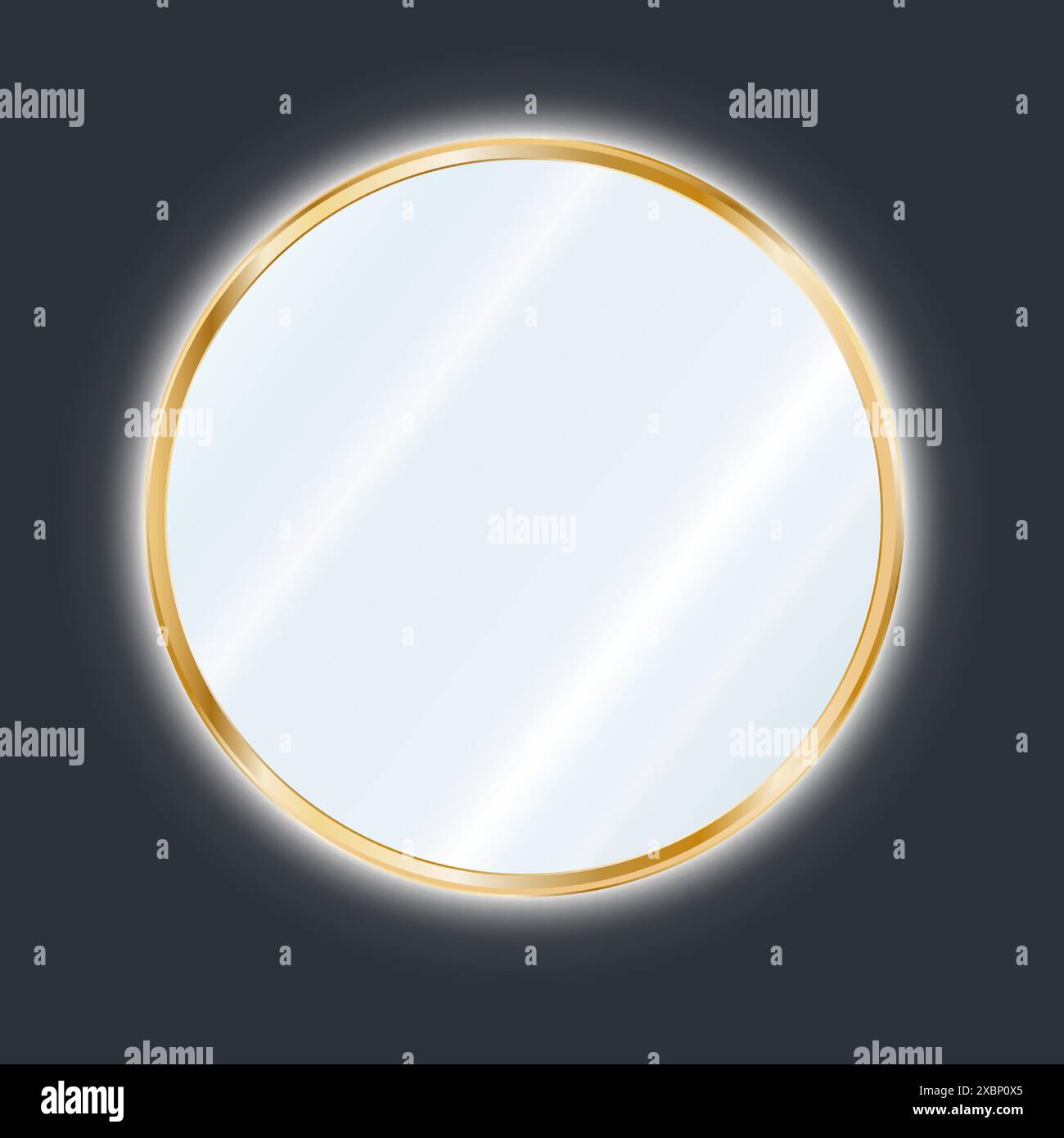 Round mirror in a gold frame with LED lighting. Reflective glass plate ...