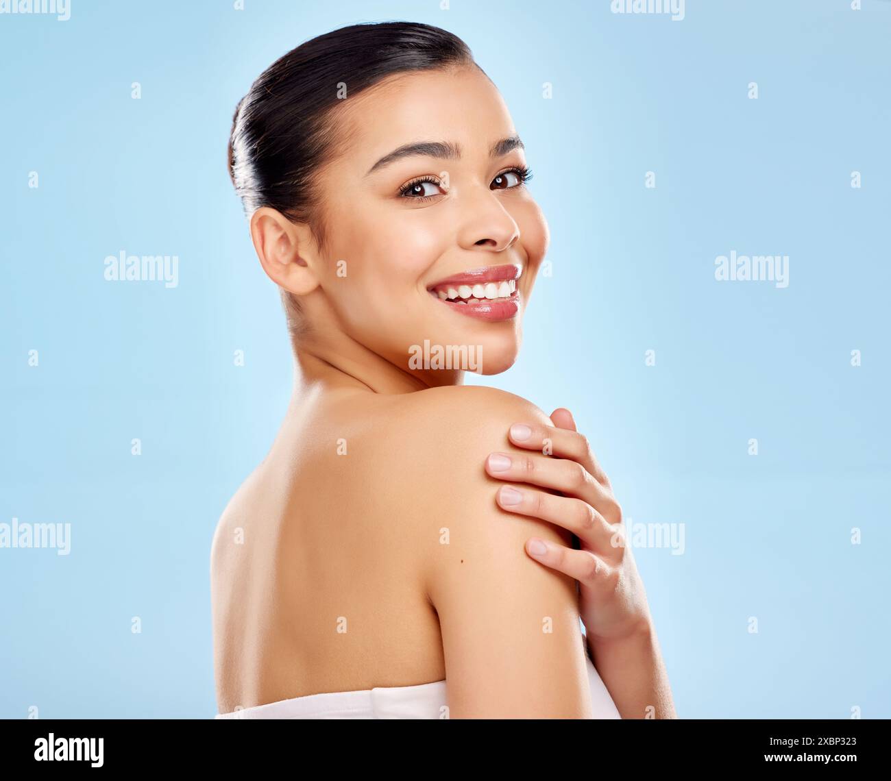 Happy, shoulder and portrait of woman for skincare, wellness and ...