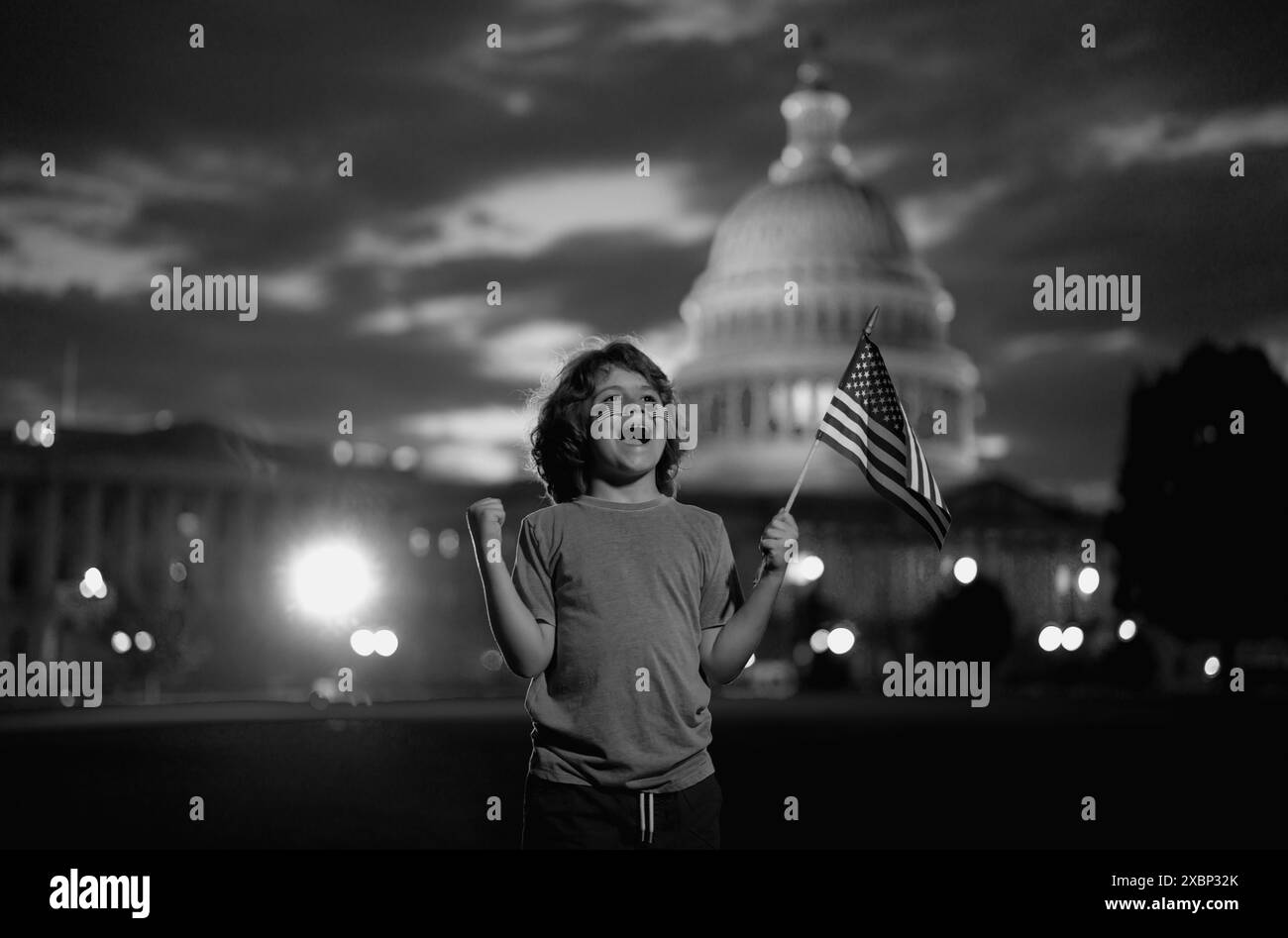 Election day for US Citizens. Child boy Vote with US flag near capitol ...