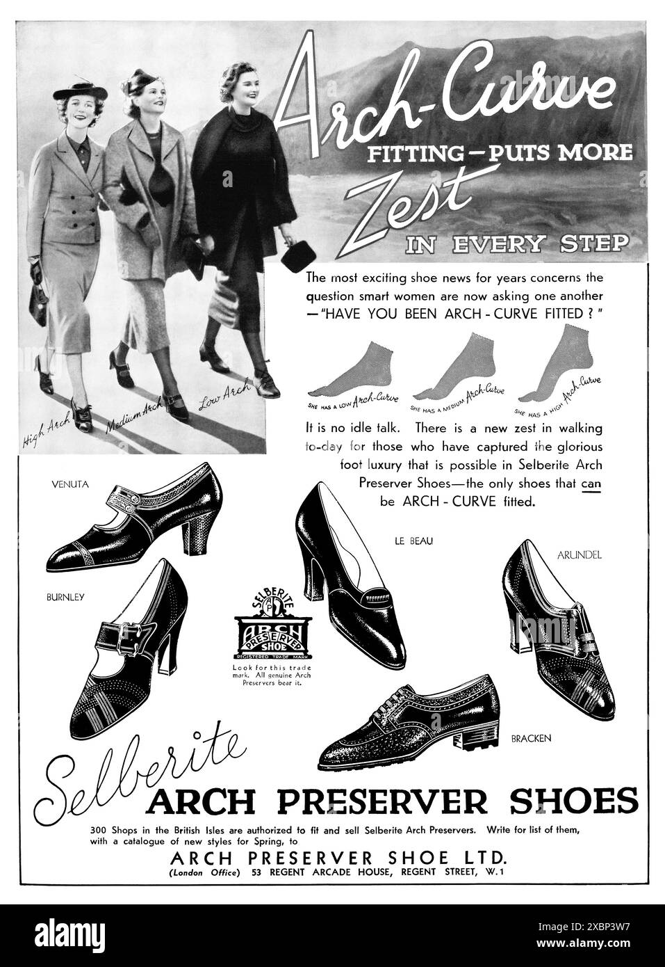 1937 British advertisement for Selberite Arch Preserver shoes Stock ...