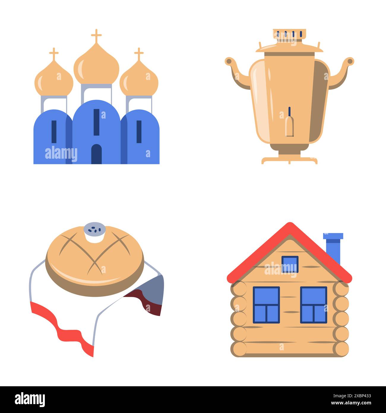 Russia traditional symbols flat icon set. Orthodox church, izba hut ...