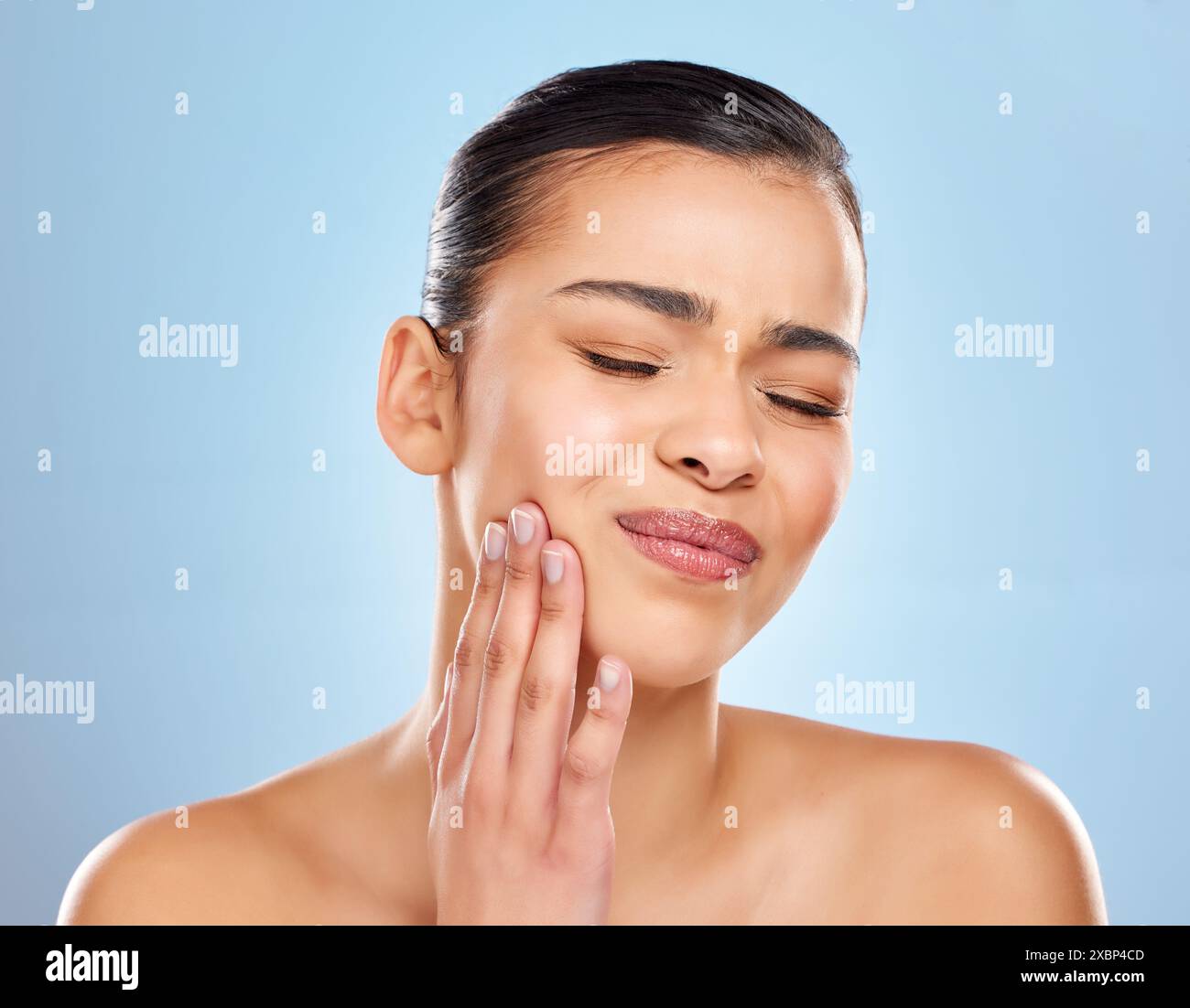 Toothache, pain and woman in studio with dental problem for cavity ...