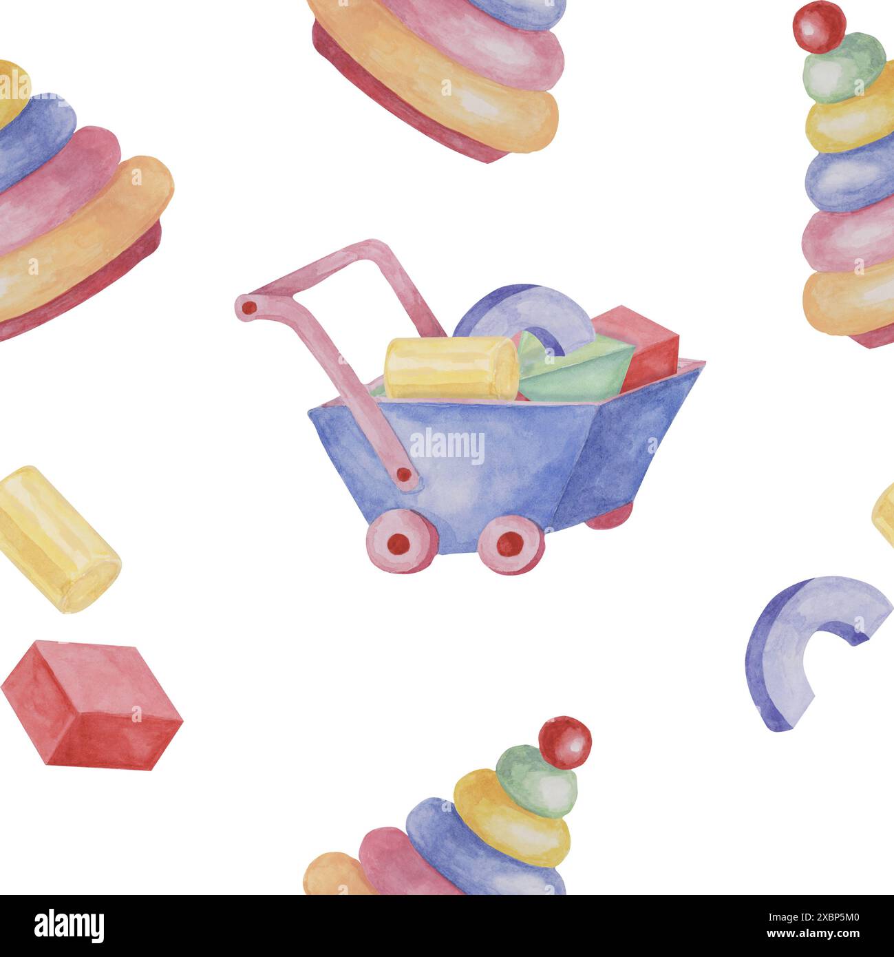 Toy wheelbarrow, stacking rings tower and blocks. Retro cart and puzzle ...