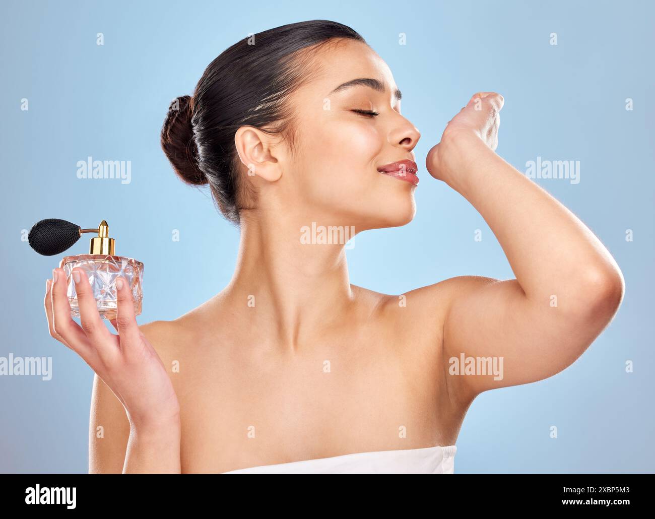 Perfume, fragrance and woman with wrist smell for clean scent and ...