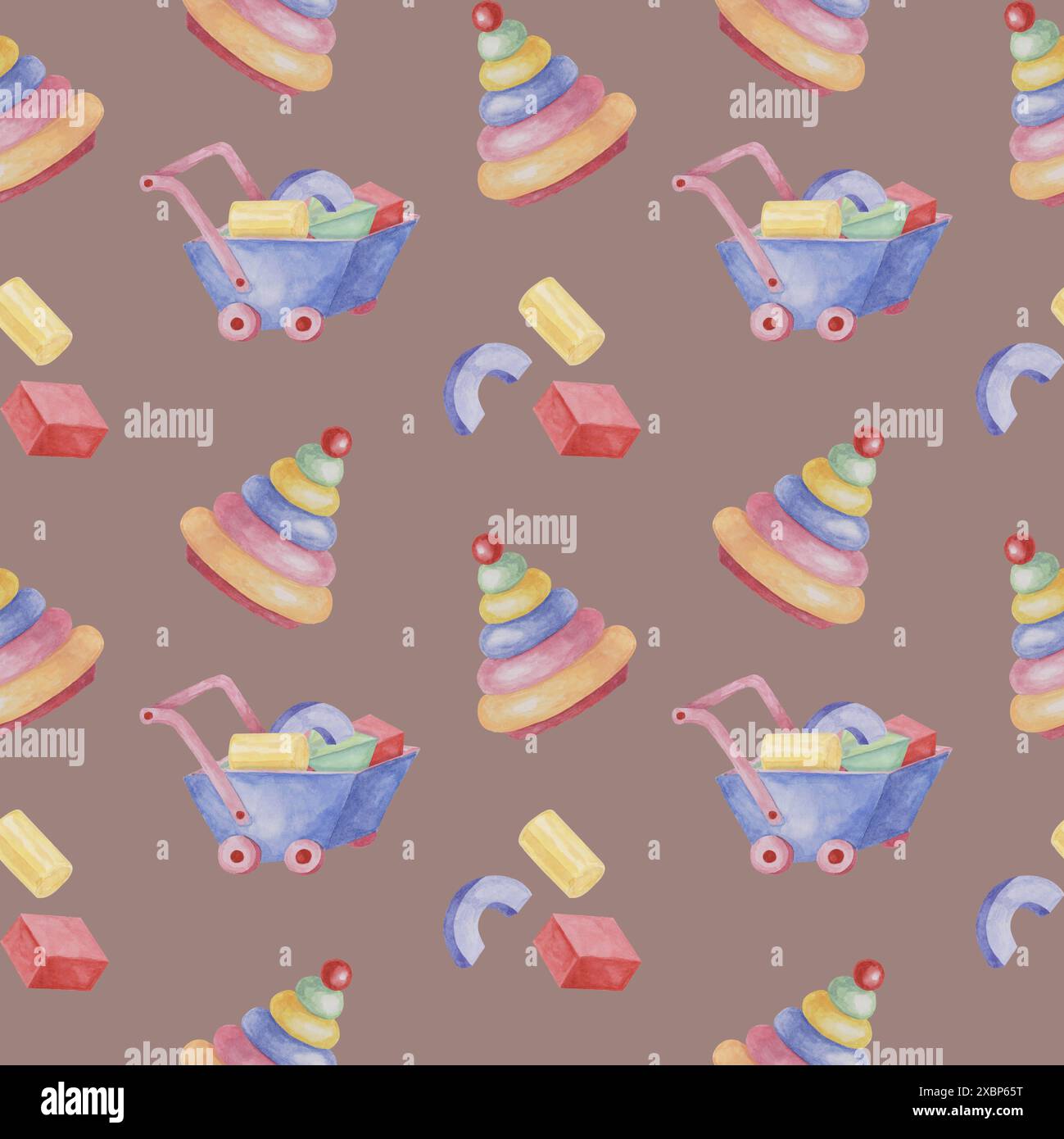 Toy wheelbarrow, stacking rings tower and blocks. Retro cart and puzzle ...