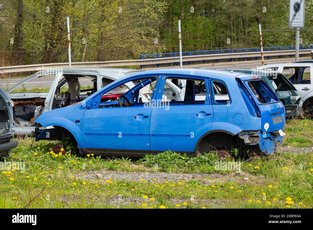 PROSTREDNI SUCHA, APRIL 5, 2024: Wreck of blue Ford Fiesta Mk5 car in ...