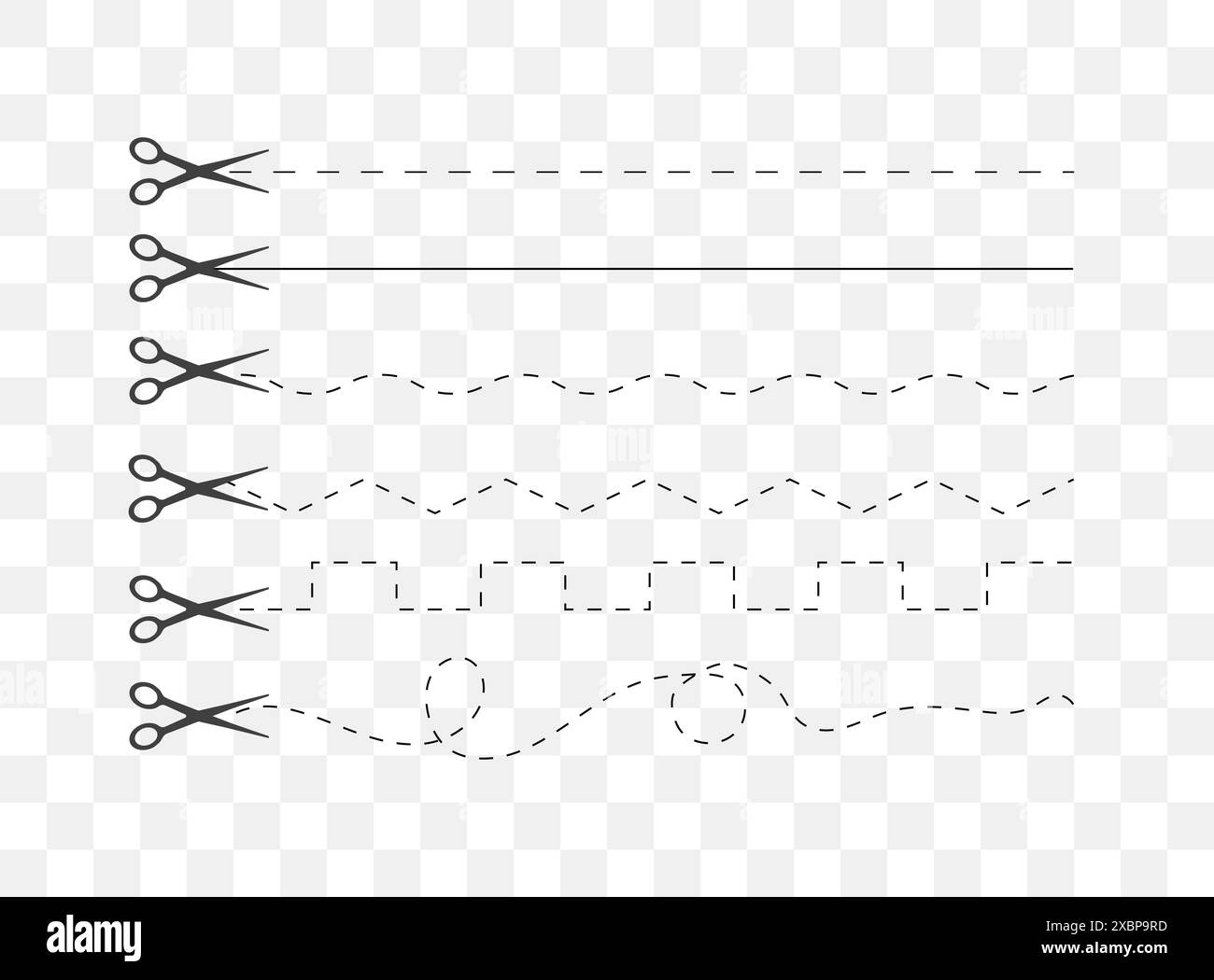 Cut here. Black scissors cutting. Set of cut dash lines isolated on ...