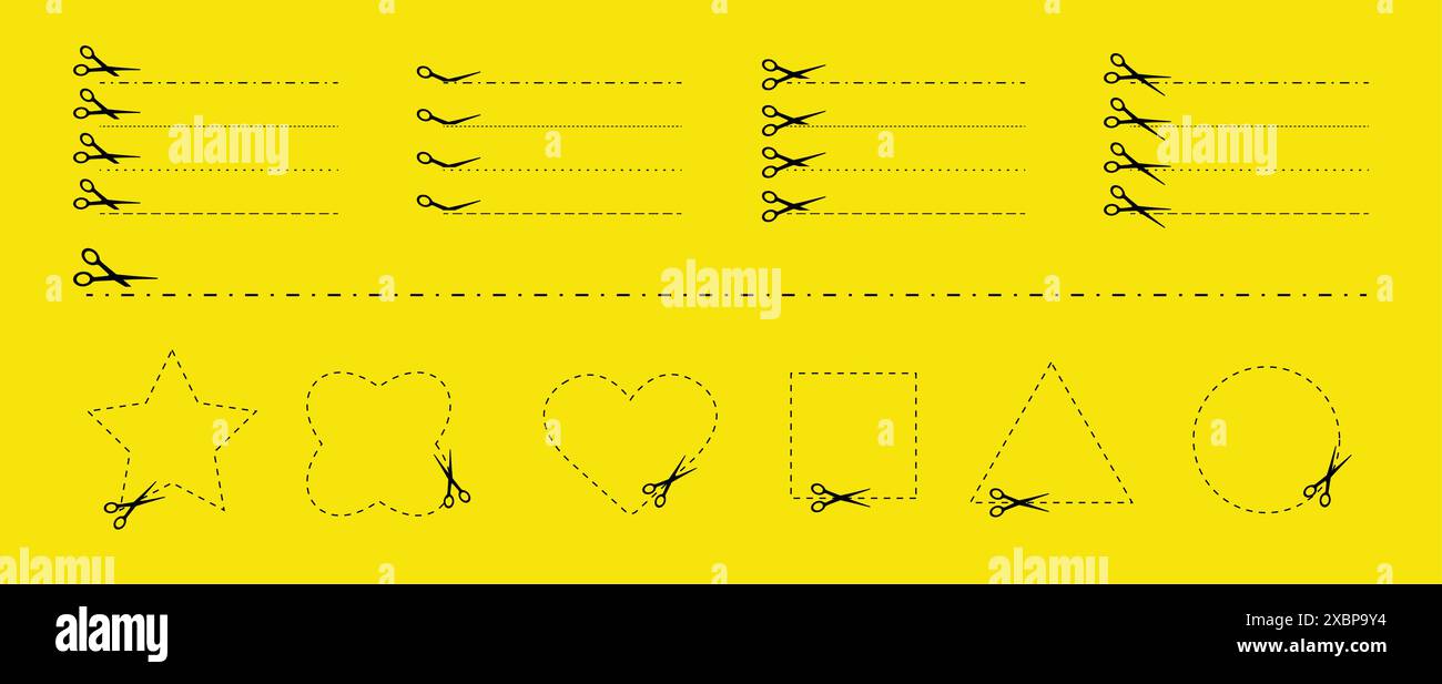 Cut here. Black scissors cutting. Set of cut dash lines and shapes ...