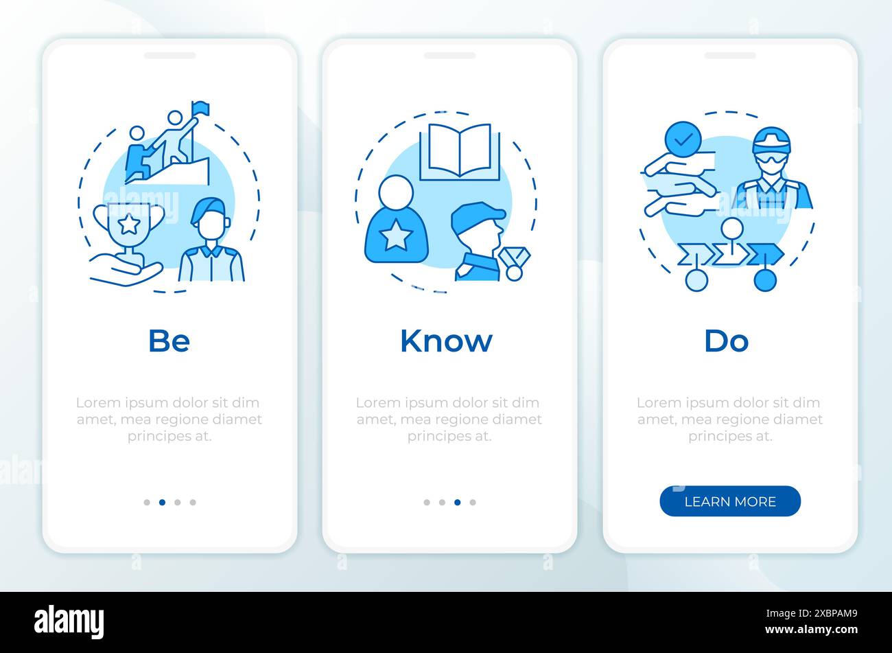 Army leadership pillars blue onboarding mobile app screen Stock Vector ...