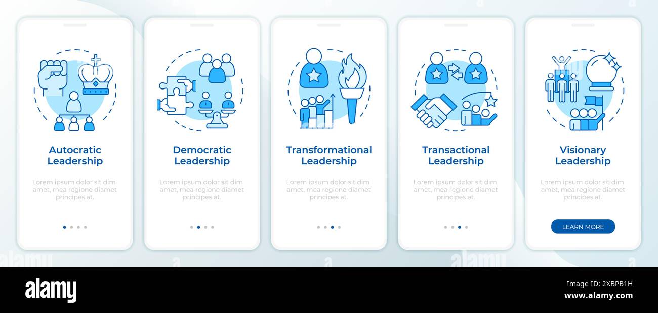 Leadership styles management blue onboarding mobile app screen Stock ...