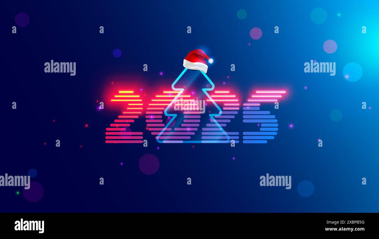 2025 new year. Christmas tree with digital number year in neon light ...