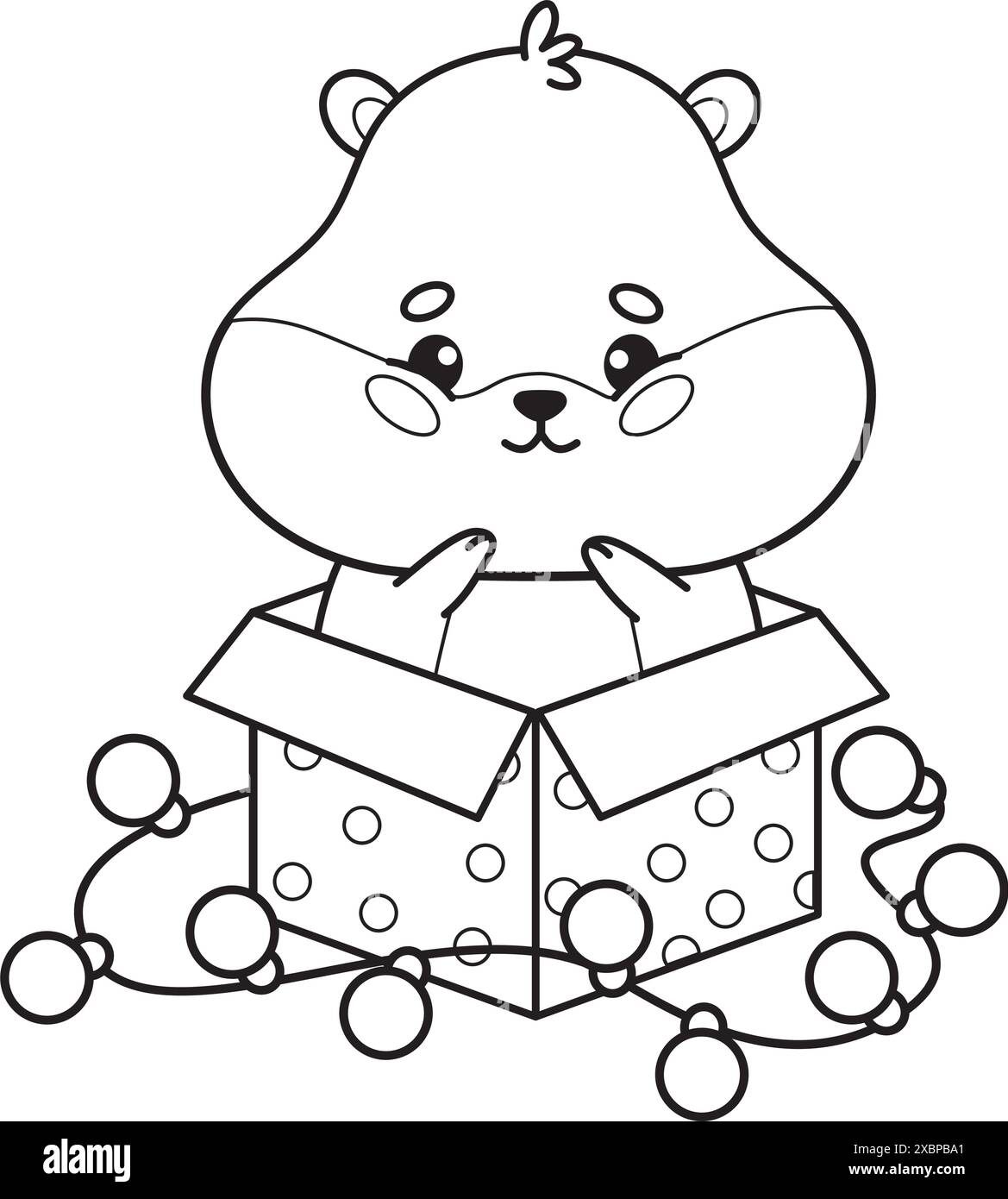 Cute hamster in gift box with festive garland. Holiday outline cartoon ...