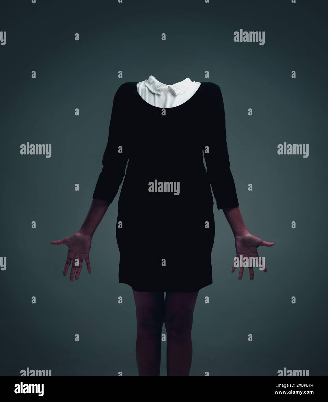 Art, identity and creative headless woman in studio with surreal ...