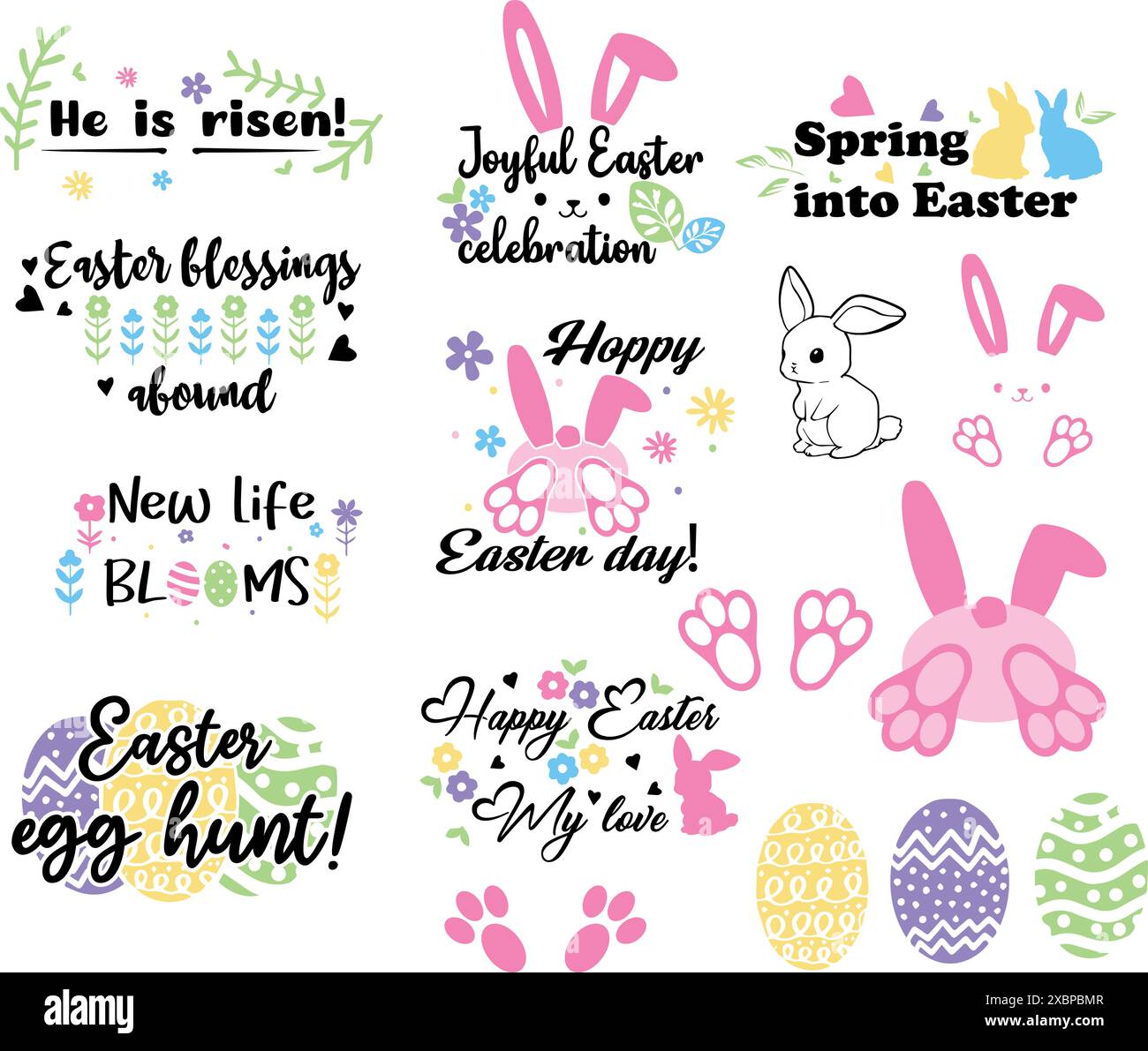 White Easter bunny rabbits in different poses and pastel Easter eggs ...