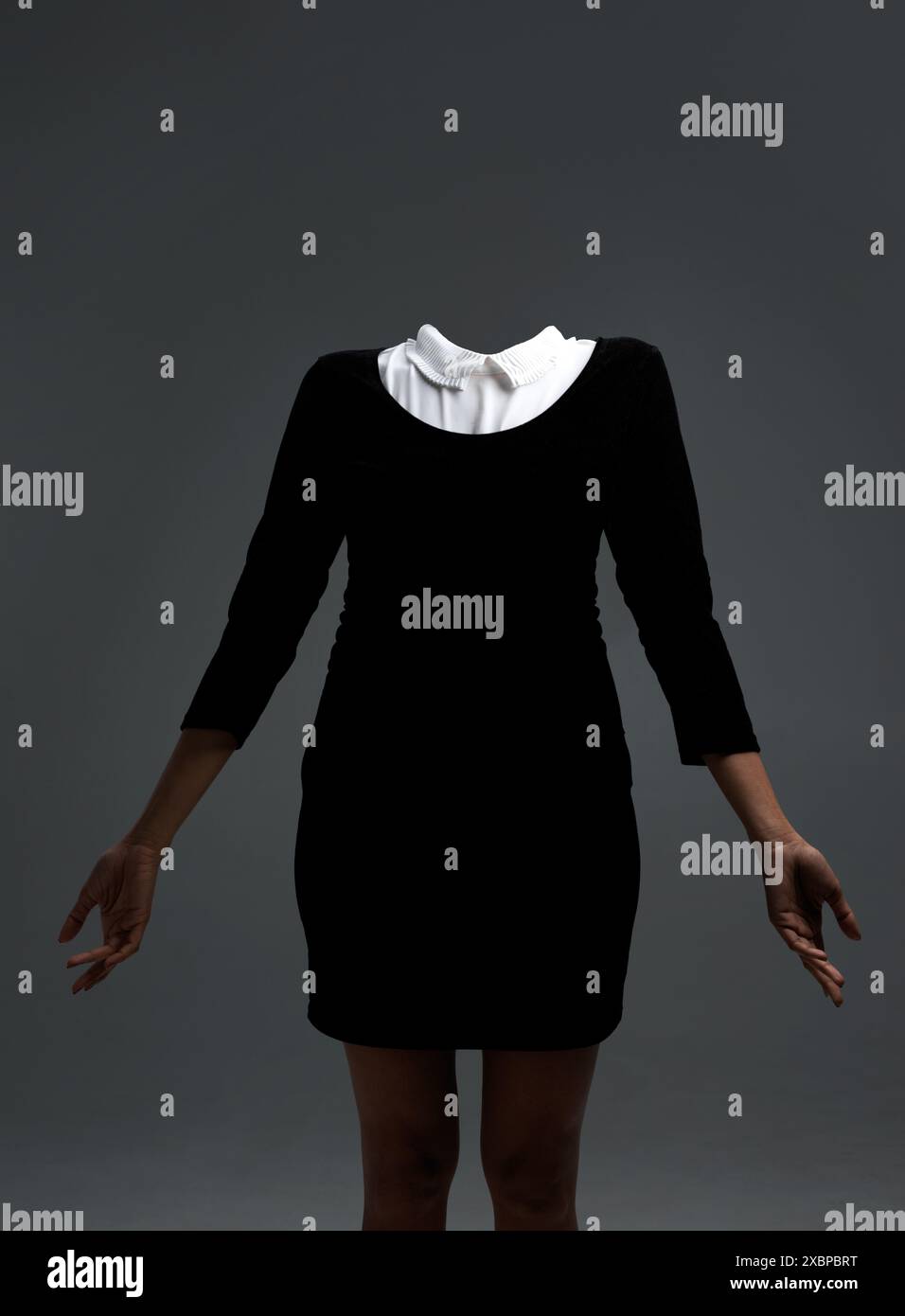 Art, identity and headless woman in surreal studio with creative ...