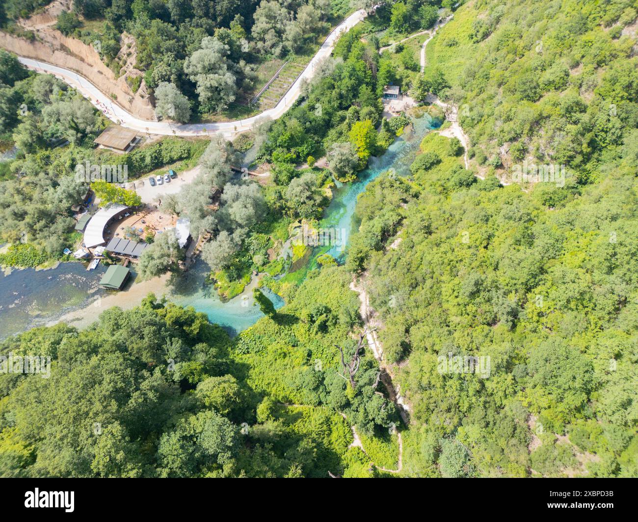 Aerial view of the Blue Eye lake near Saranda in the Vlore County ...