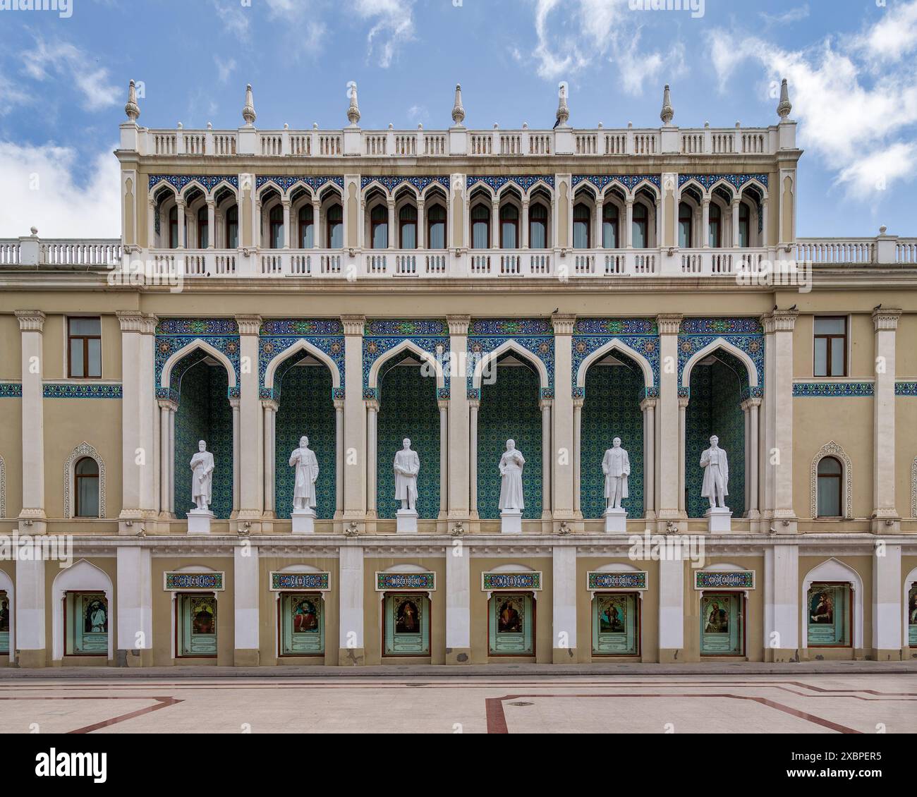 Nizami Museum of Azerbaijan, with statues lining the facade. The ...