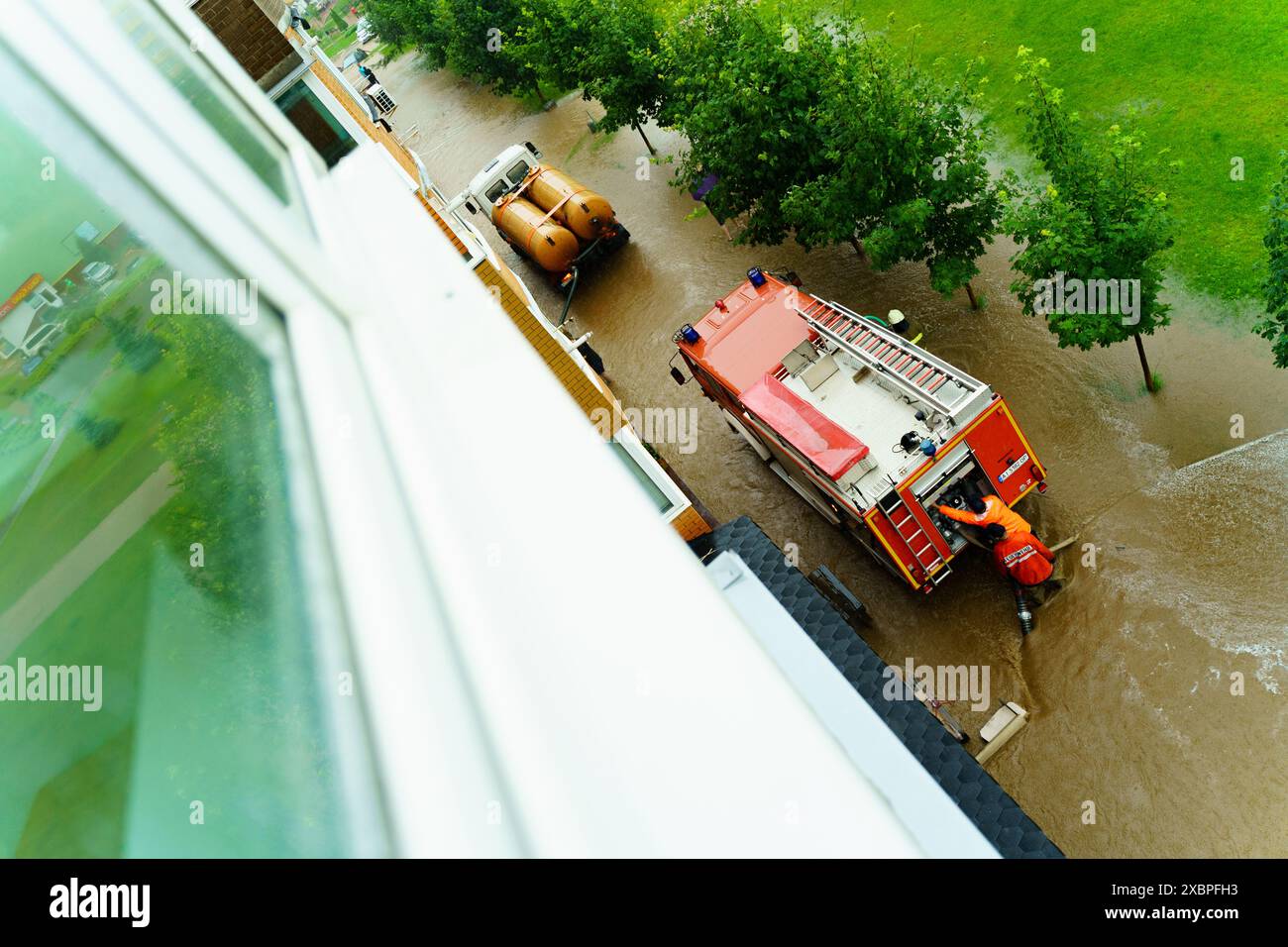 View from the window of a flooded high-rise building in the city Stock ...