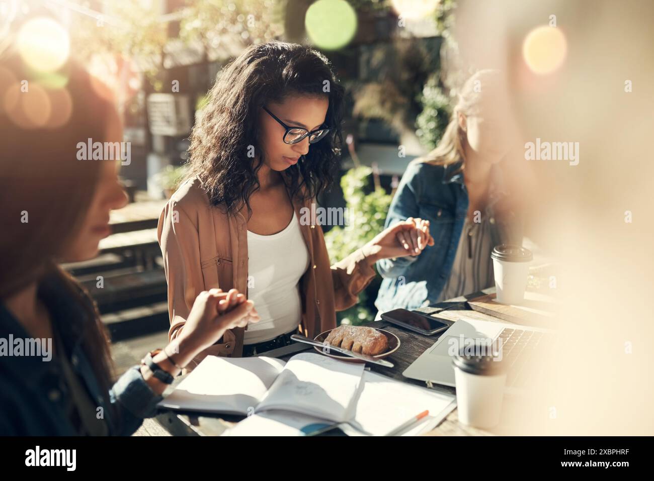 Women, prayer and holding hands in restaurant with connection for ...