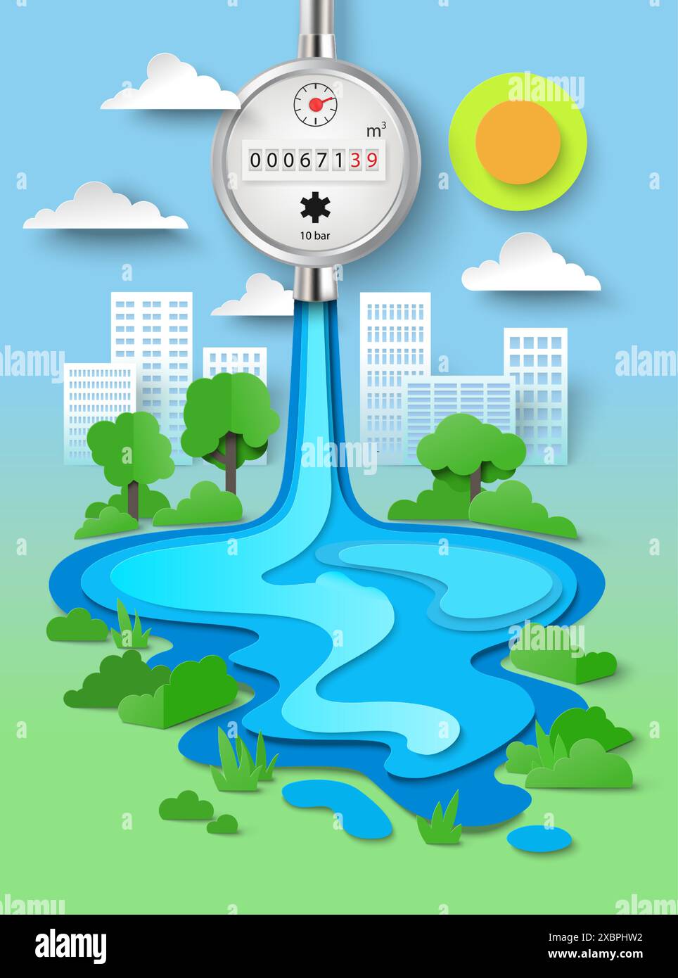 Save Water Poster With Papercut Cityscape And Gauge Meter Stock Vector