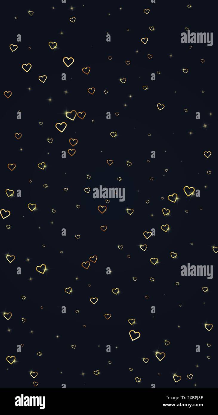 Valentine hearts, flying, falling down, floating. Gold hearts scattered ...