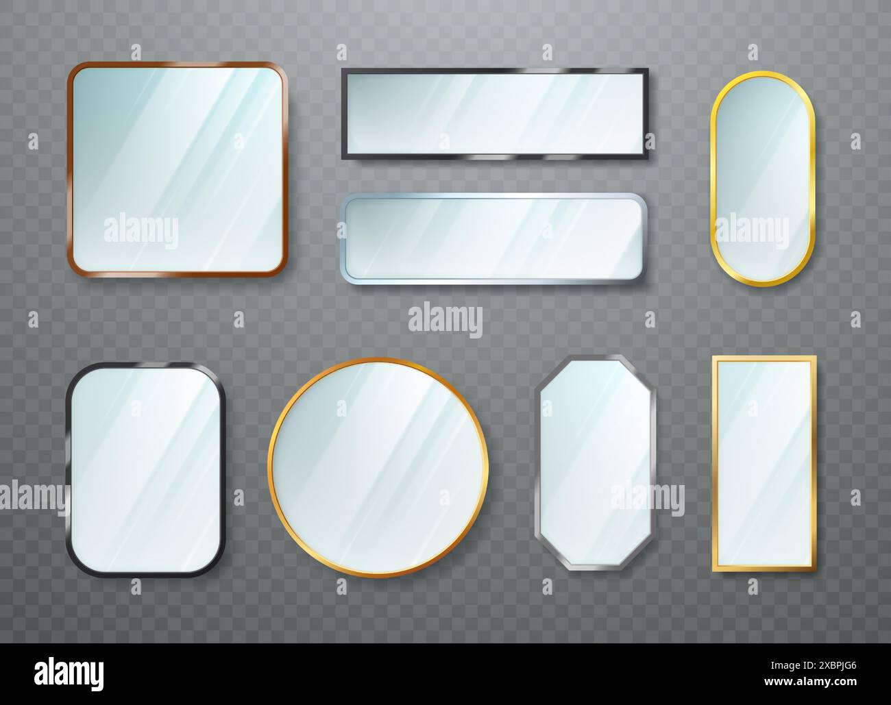 A set of realistic mirrors of different shapes with frames of different colors. Vector ...