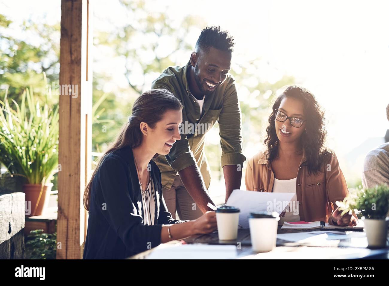Happy people, documents and discussion with coffee in meeting for ...