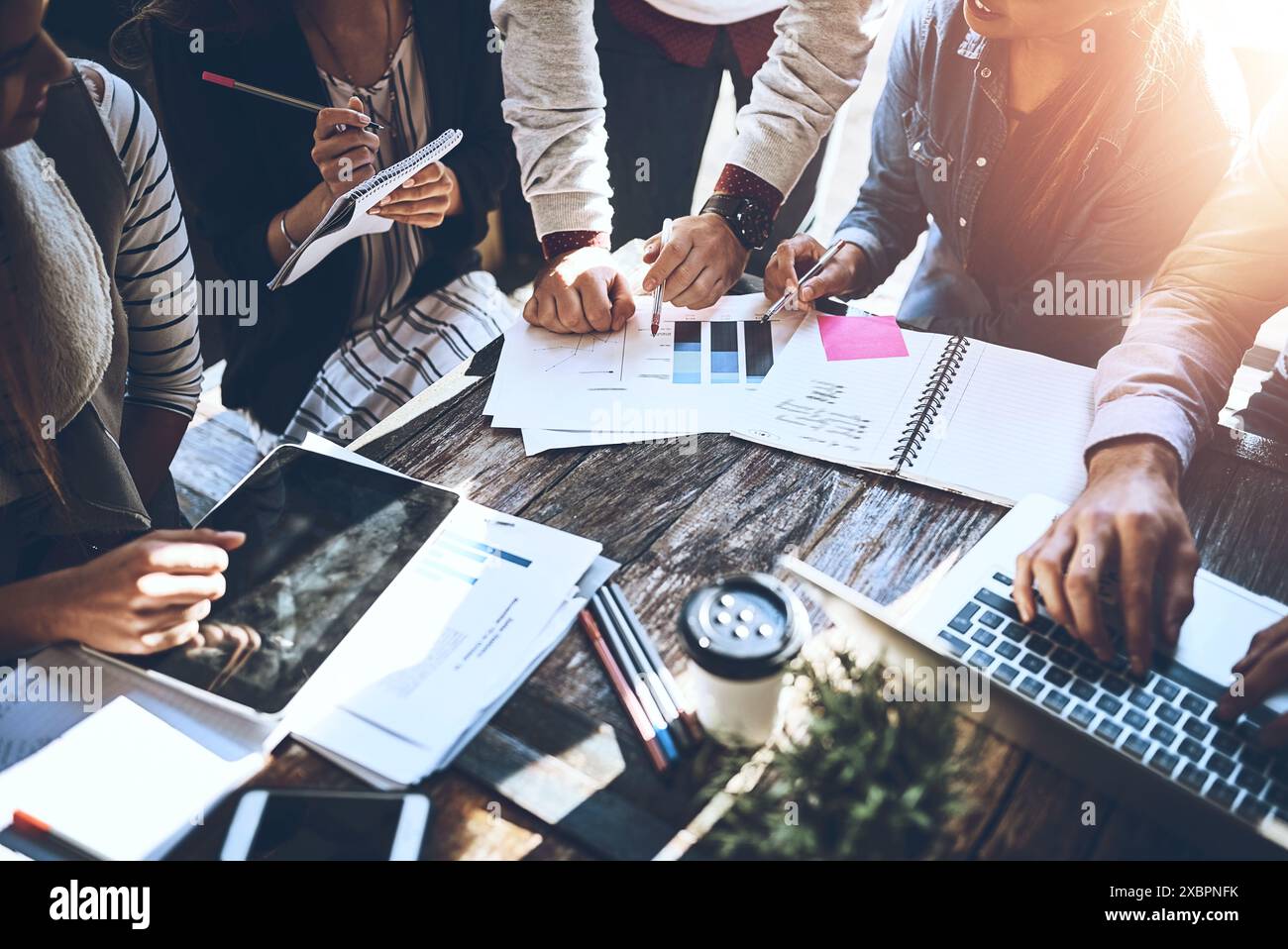 Hands, people and meeting with documents, charts and review for ...