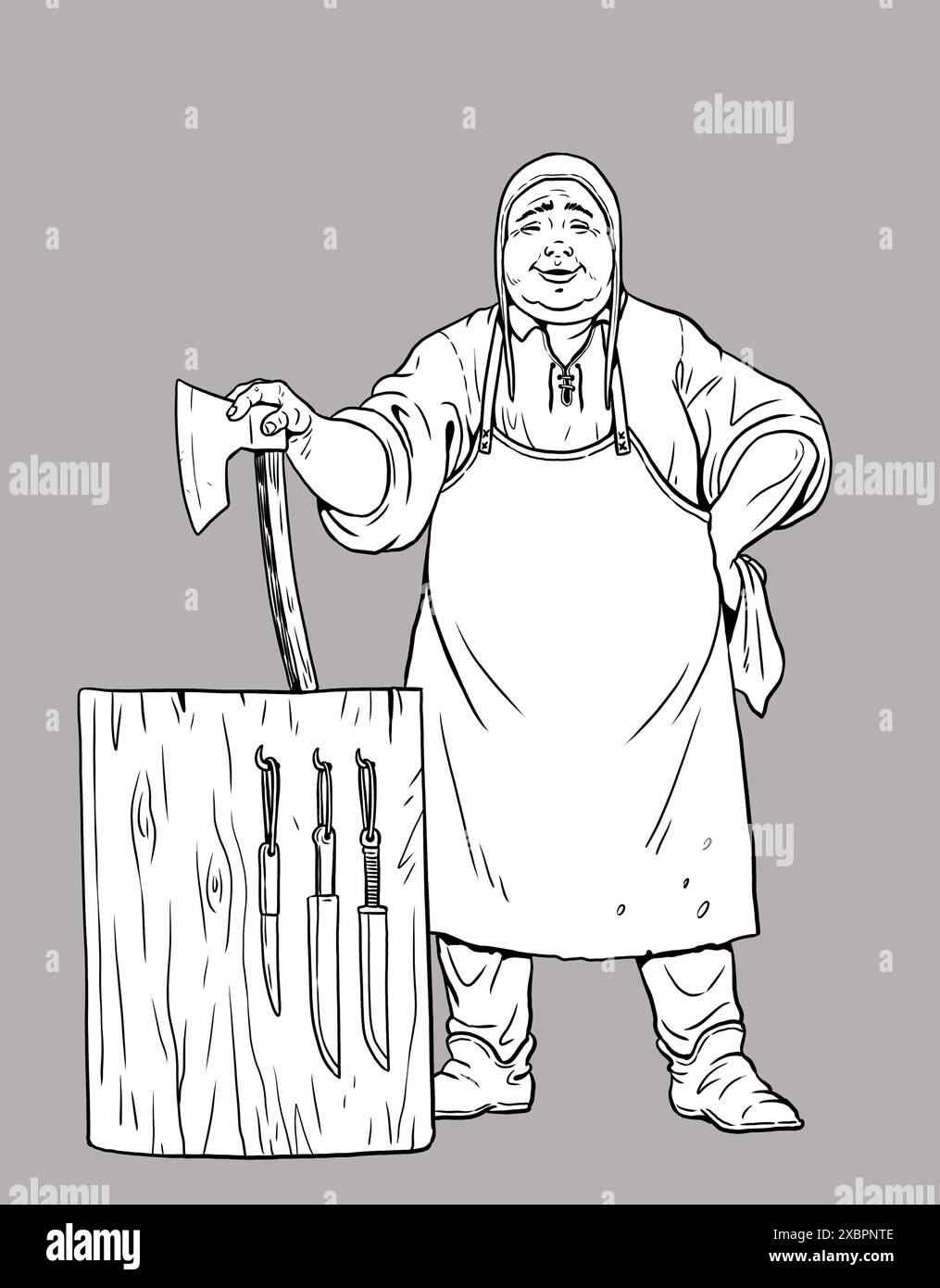 Drawing of an smiling medieval butcher at work. Old professions ...