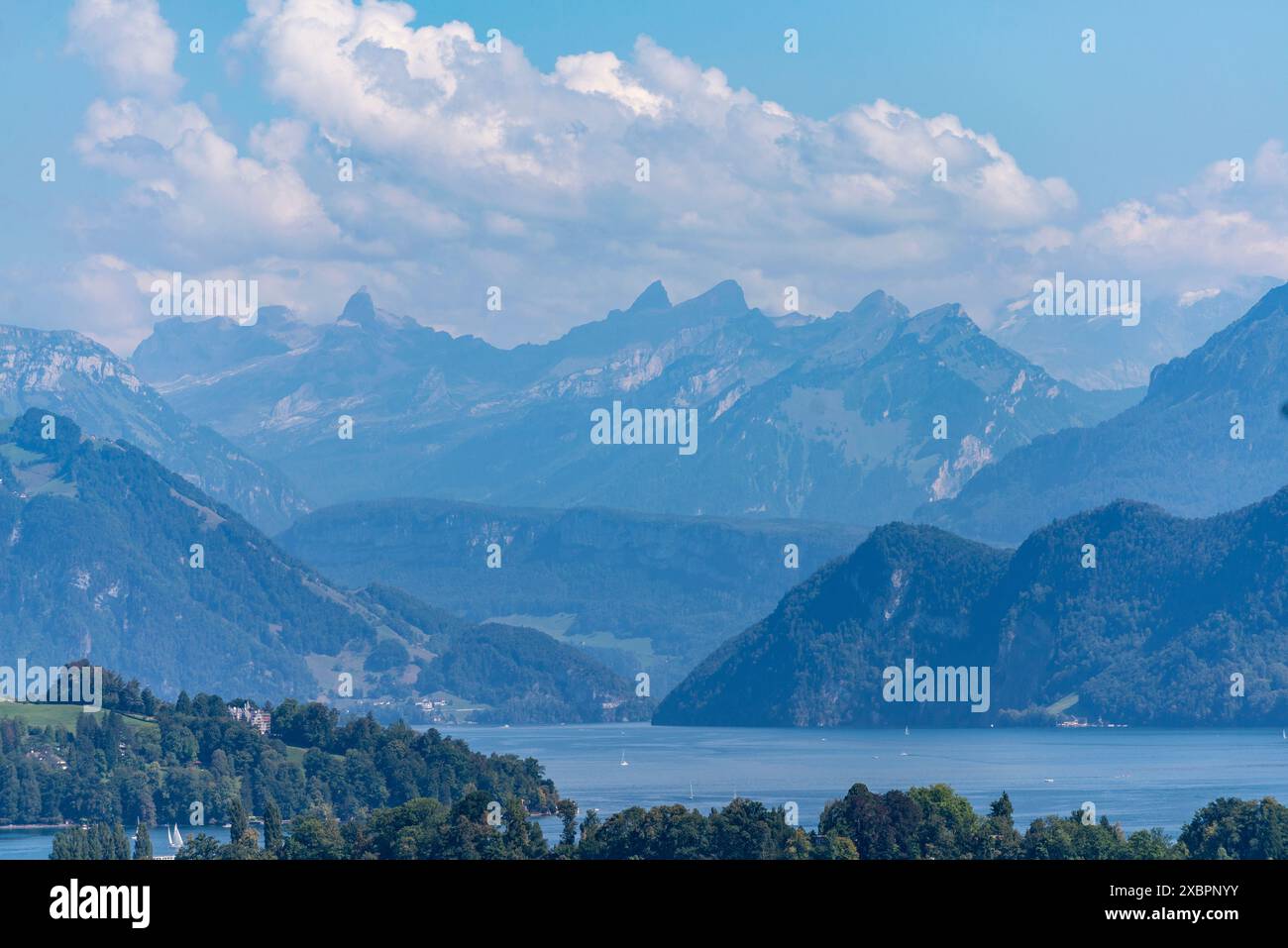 Panorama view of the sweeping vista from the mountain peaks to the ...