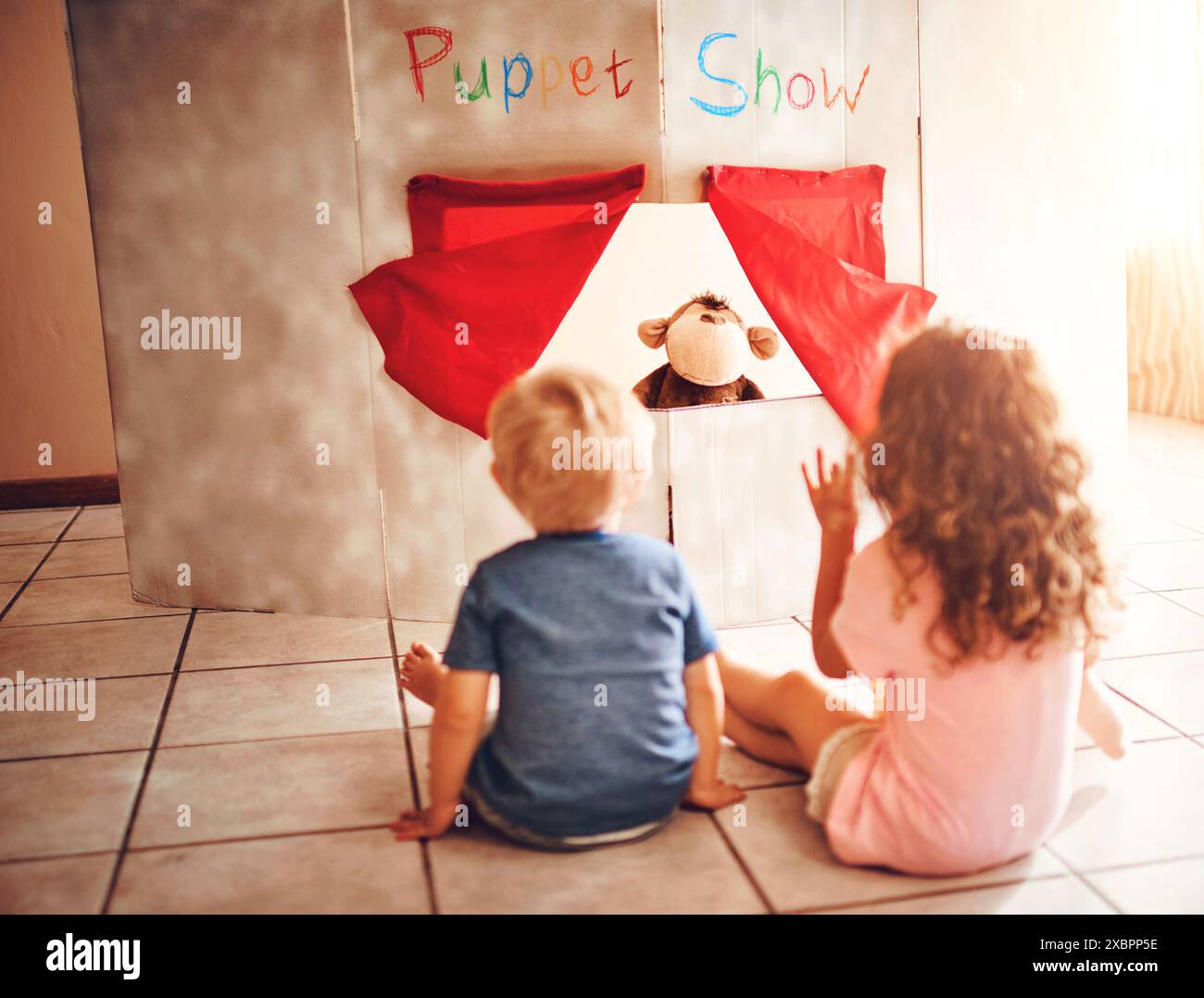 Children, puppet show and toys for child development or growth with ...