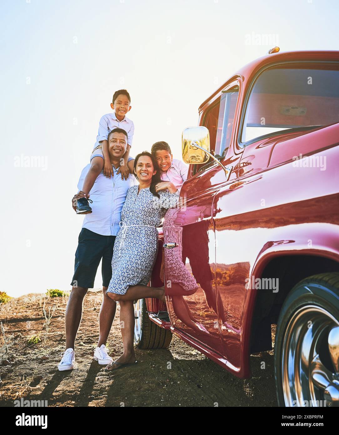 Parents, children and smile with car for road trip, adventure and ...