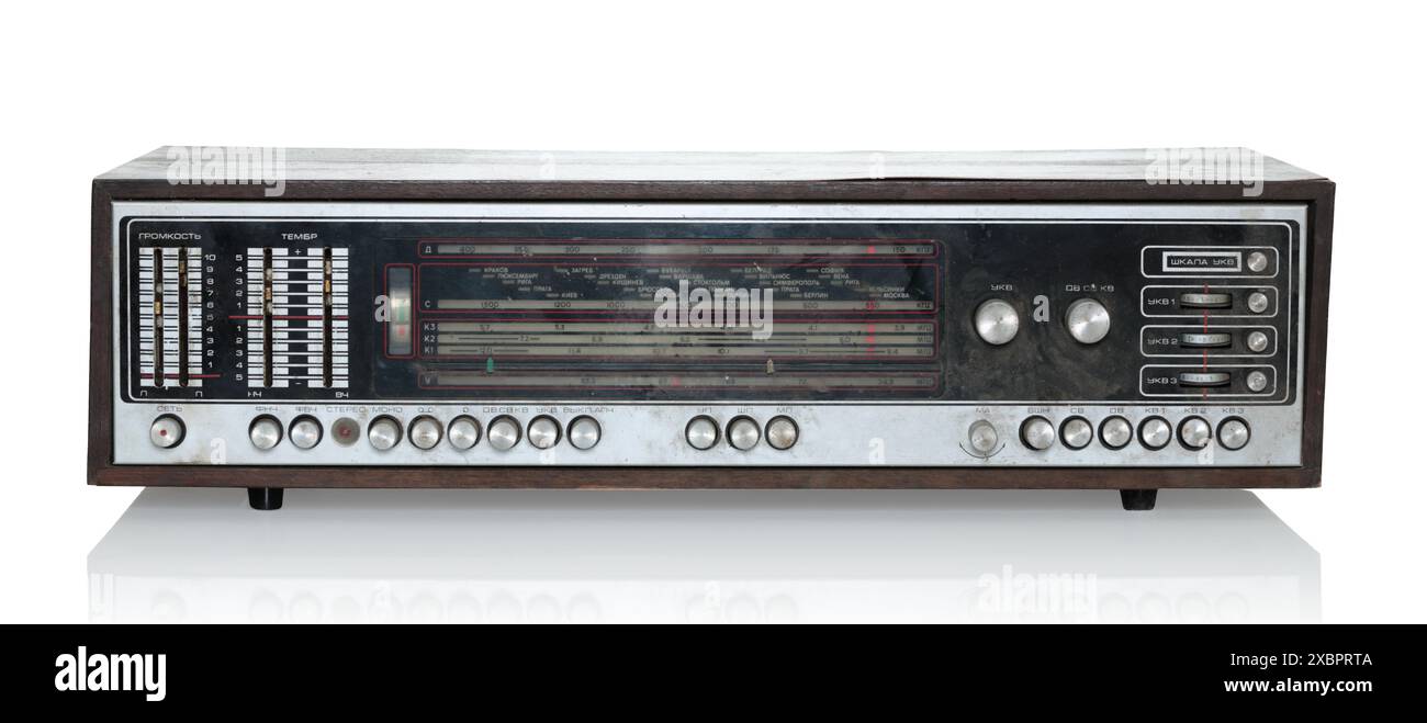 Retro old radio with dirty and dust of time, isolated on a white ...