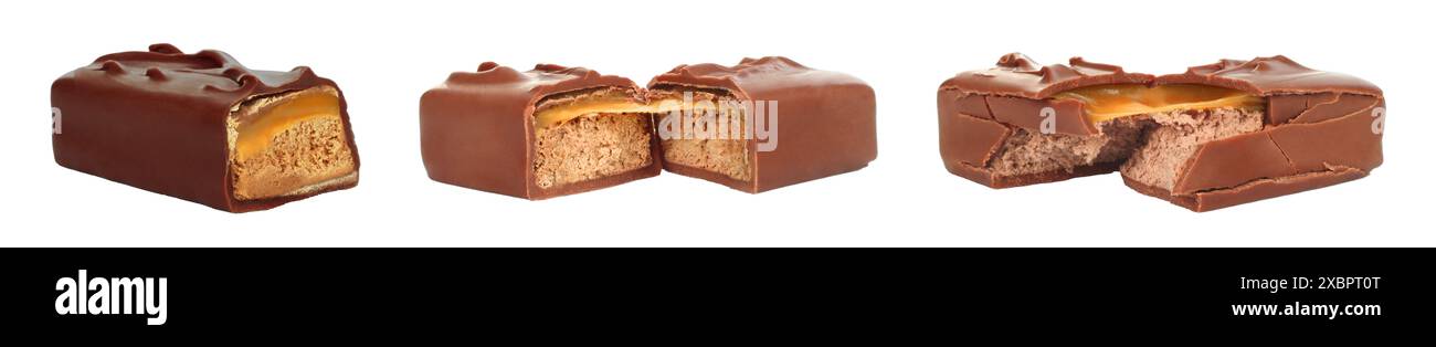 Set of Broken chocolate bar with stretching caramel, isolated on a ...