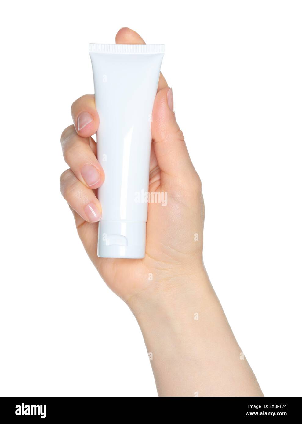 Woman hand holding the white cosmetic cream tube, on a transparent ...